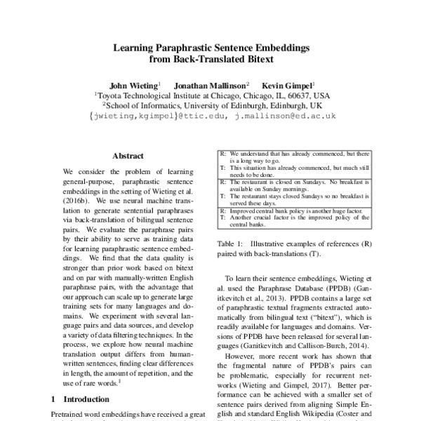 Learning Paraphrastic Sentence Embeddings from Back-Translated Bitext ...