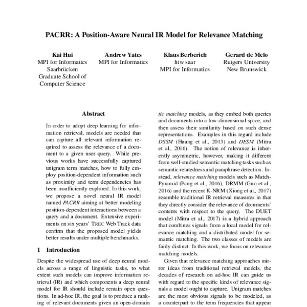 PACRR: A Position-Aware Neural IR Model for Relevance Matching - ACL ...
