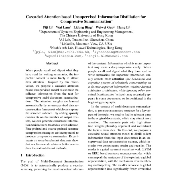 Cascaded Attention Based Unsupervised Information Distillation For Compressive Summarization