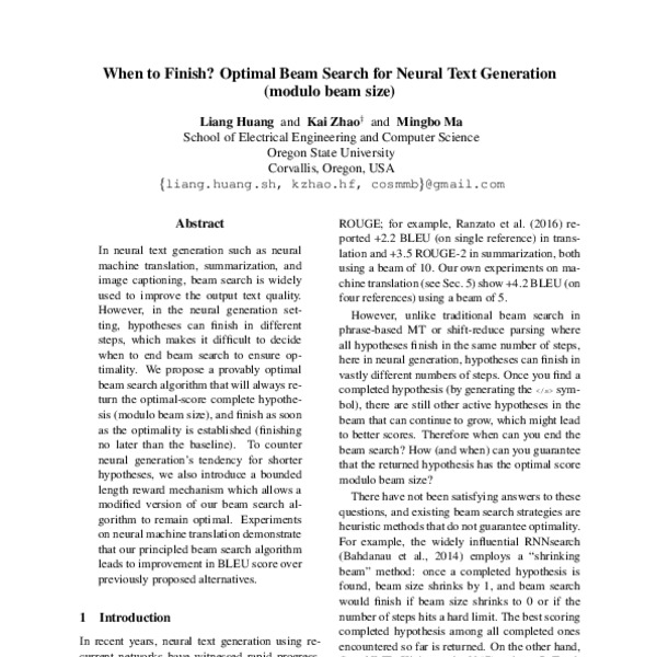 When to Finish? Optimal Beam Search for Neural Text Generation (modulo beam size) - ACL Anthology