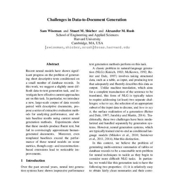 Challenges in Data-to-Document Generation - ACL Anthology