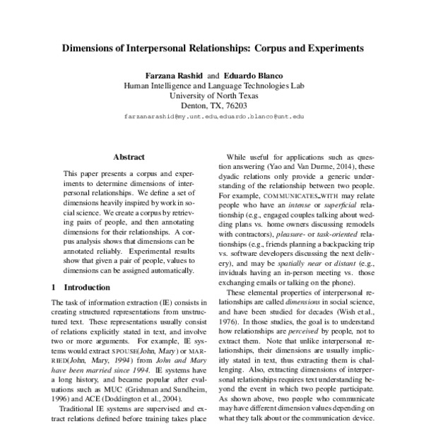 Dimensions of Interpersonal Relationships: Corpus and Experiments - ACL ...