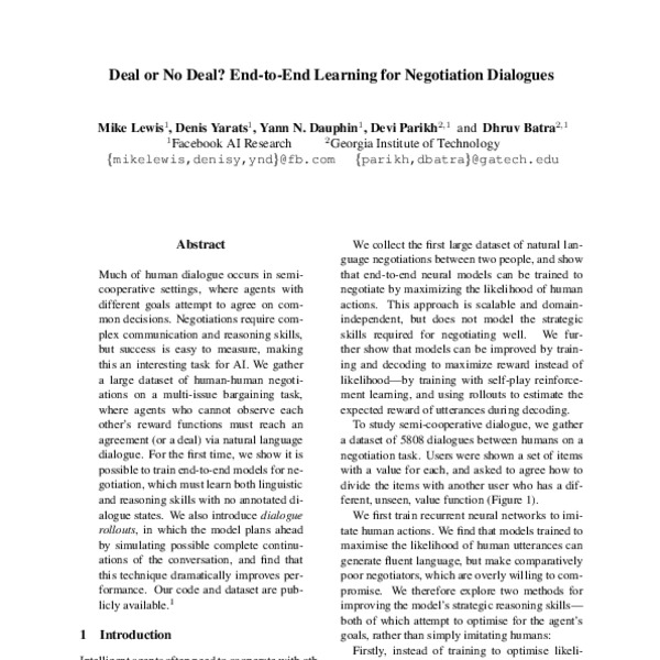 Deal or No Deal? End-to-End Learning of Negotiation Dialogues - ACL ...