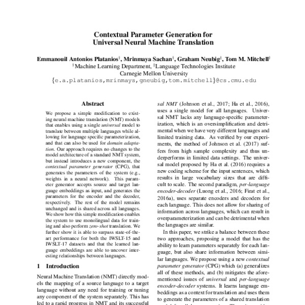 Contextual Parameter Generation For Universal Neural Machine Translation Acl Anthology