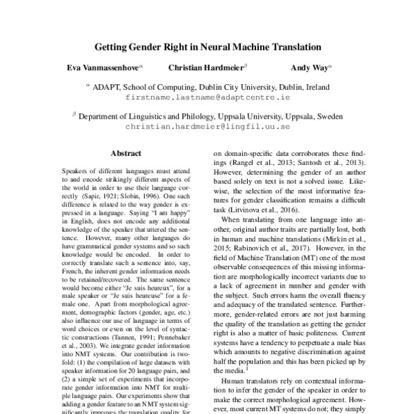 Getting Gender Right in Neural Machine Translation - ACL Anthology