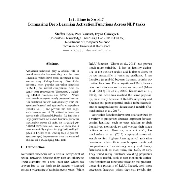 Is it Time to Swish? Comparing Deep Learning Activation Functions Across NLP tasks - ACL Anthology