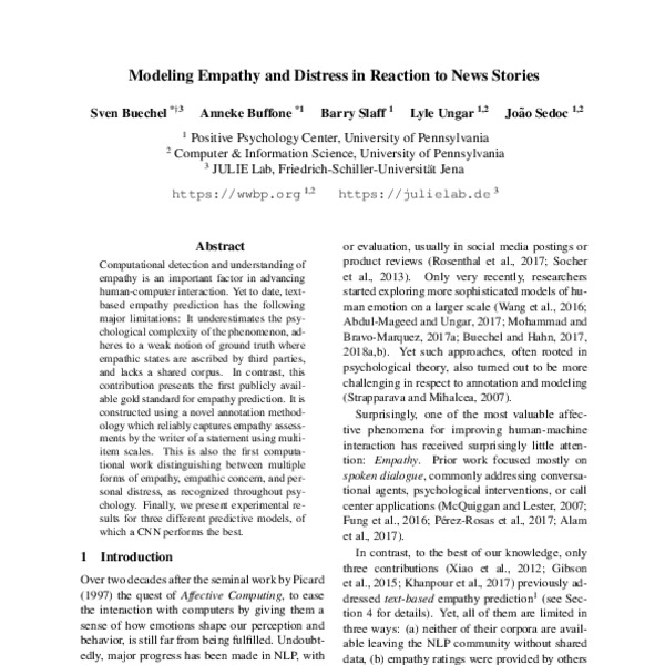 Modeling Empathy and Distress in Reaction to News Stories - ACL Anthology