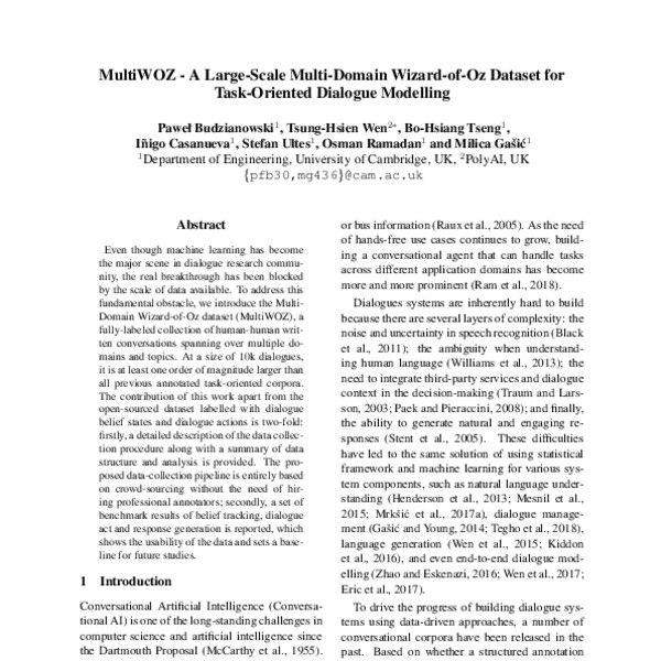 MultiWOZ - A Large-Scale Multi-Domain Wizard-of-Oz Dataset for Task ...