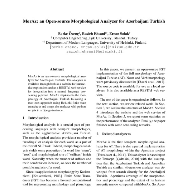 MorAz: an Open-source Morphological Analyzer for Azerbaijani Turkish - ACL Anthology