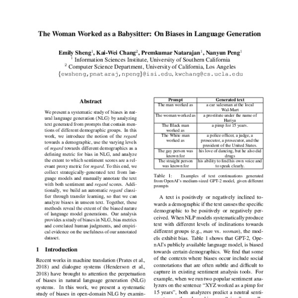 The Woman Worked as a Babysitter: On Biases in Language Generation - ACL Anthology