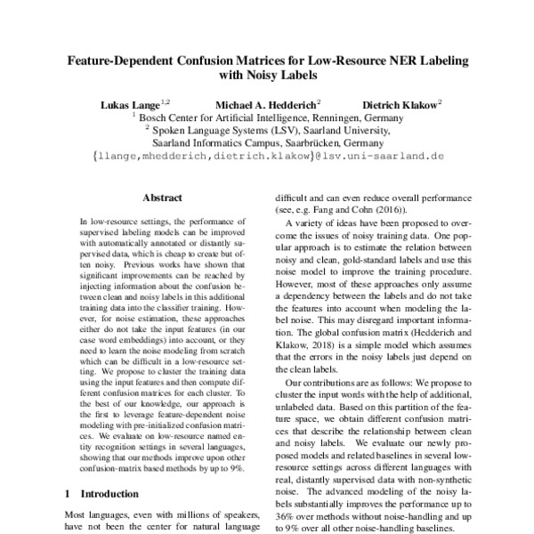 Feature-Dependent Confusion Matrices for Low-Resource NER Labeling with Noisy Labels - ACL Anthology