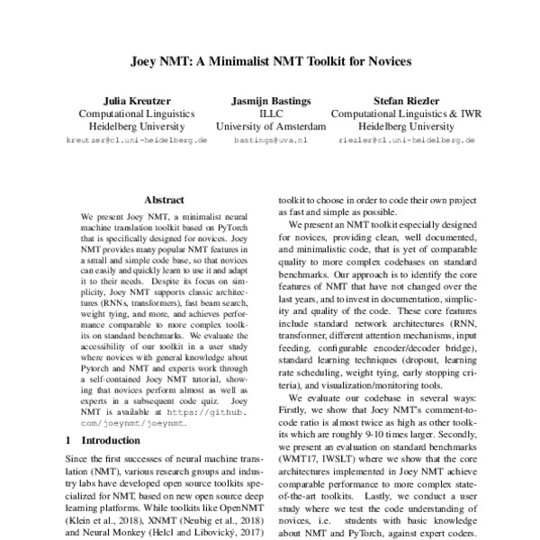 Joey NMT: A Minimalist NMT Toolkit for Novices - ACL Anthology