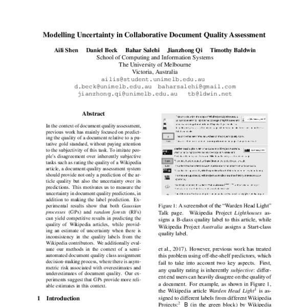 Modelling Uncertainty in Collaborative Document Quality Assessment ...
