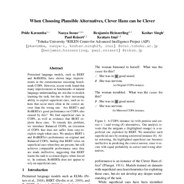 When Choosing Plausible Alternatives, Clever Hans can be Clever - ACL ...