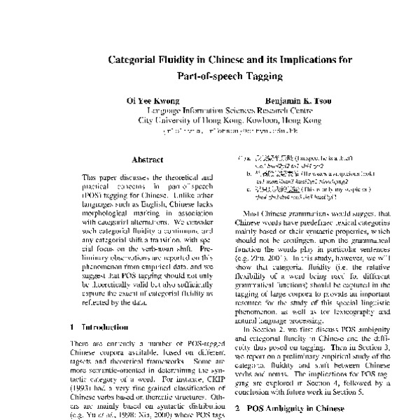 Categorial Fluidity in Chinese and its Implications for Part-of-speech ...