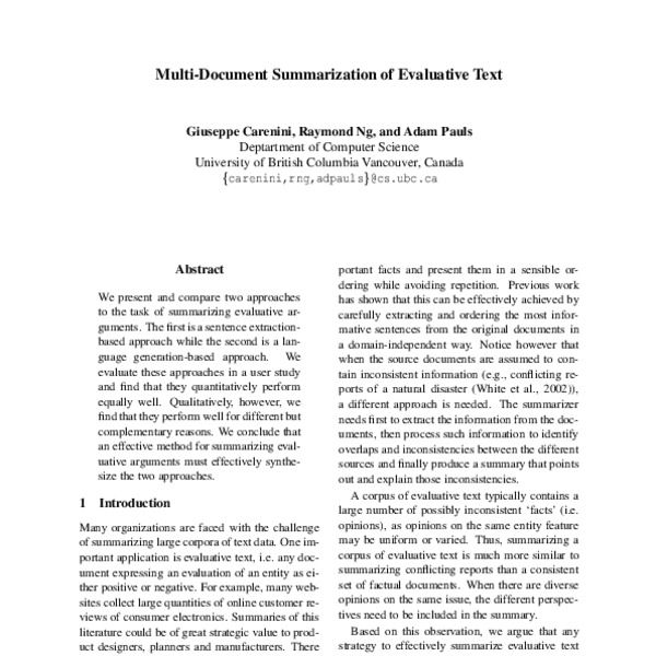 Multi Document Summarization Of Evaluative Text Acl Anthology