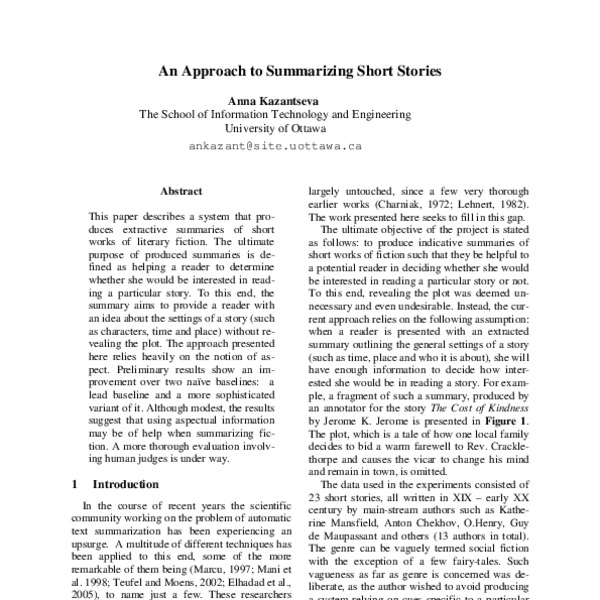 An Approach to Summarizing Short Stories - ACL Anthology