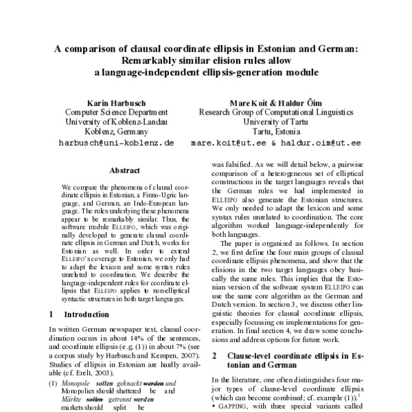 A Comparison of Clausal Coordinate Ellipsis in Estonian and German ...