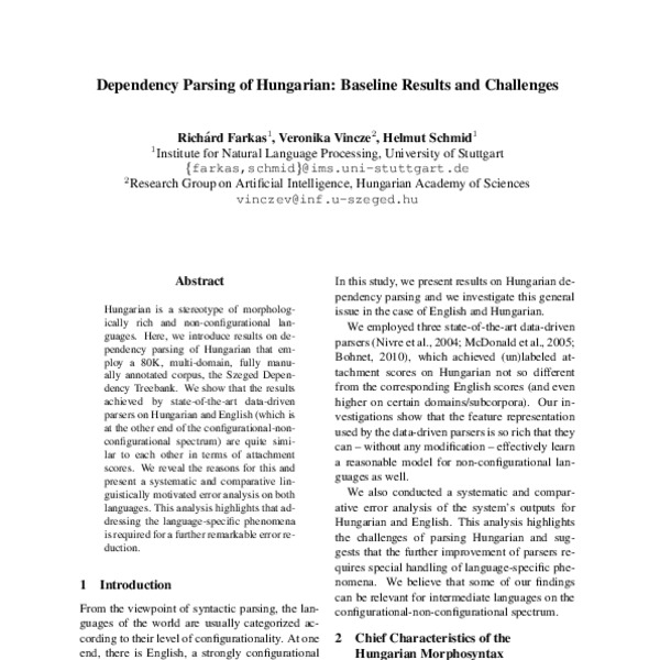 Dependency Parsing of Hungarian: Baseline Results and Challenges - ACL ...