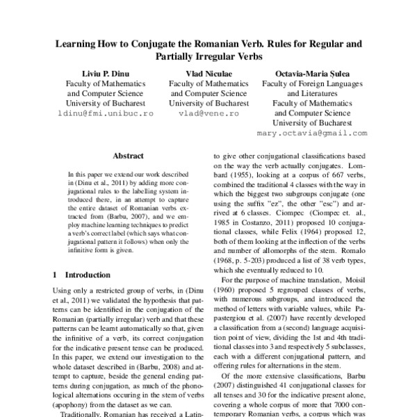 Learning How to Conjugate the Romanian Verb. Rules for Regular and ...