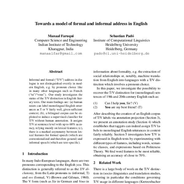 Towards a model of formal and informal address in English - ACL Anthology