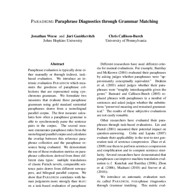 PARADIGM: Paraphrase Diagnostics through Grammar Matching - ACL Anthology