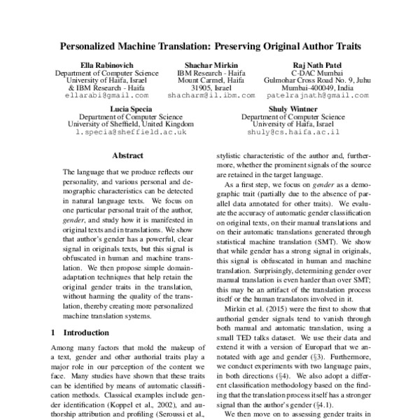 Personalized Machine Translation: Preserving Original Author Traits - ACL Anthology