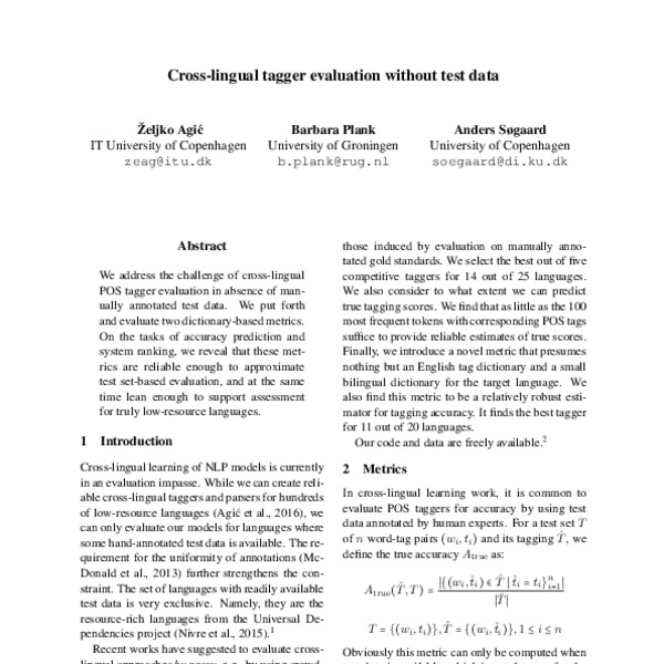 Cross-lingual tagger evaluation without test data - ACL Anthology
