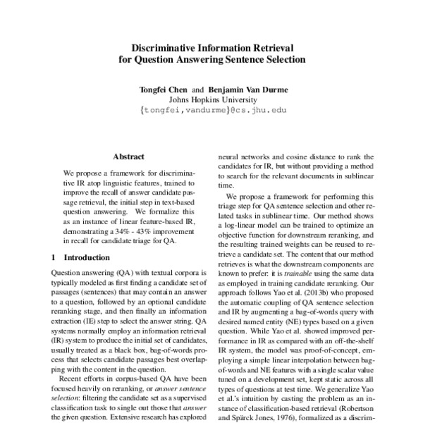 Discriminative Information Retrieval for Question Answering Sentence ...