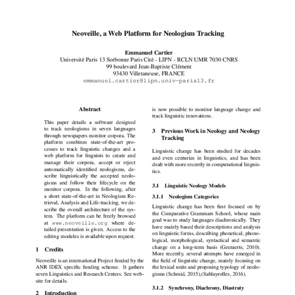 Neoveille, a Web Platform for Neologism Tracking - ACL Anthology