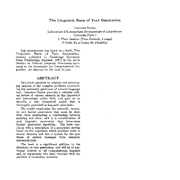 The Linguistic Basis of Text Generation - ACL Anthology