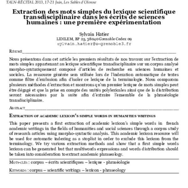 Extraction of academic lexicon’s simple words in humanities writings ...