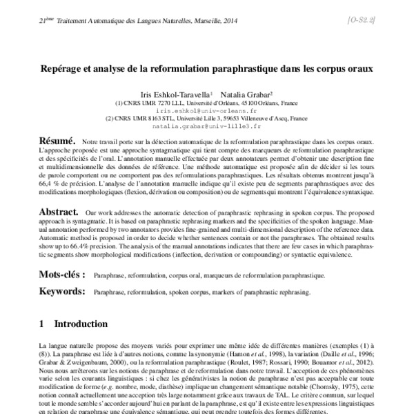 Detection and Analysis of Paraphrastic Reformulations in Spoken Corpora ...