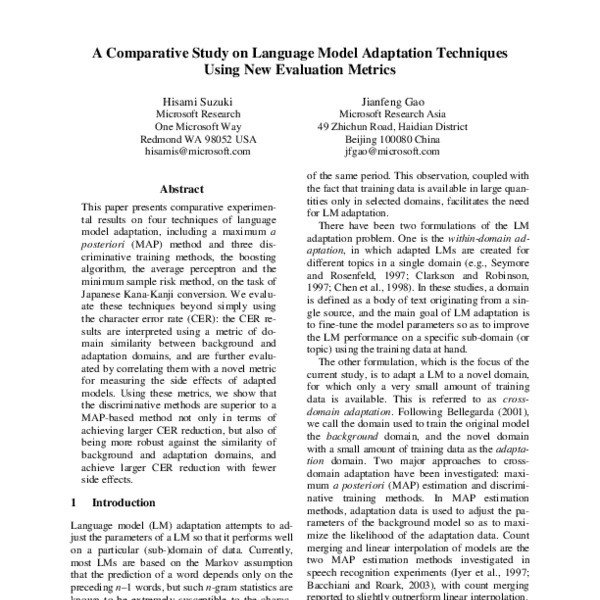 A Comparative Study on Language Model Adaptation Techniques Using New Evaluation Metrics - ACL ...