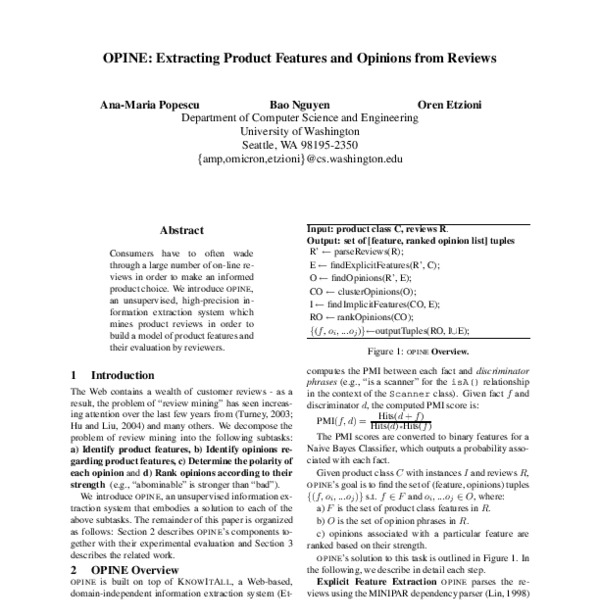 OPINE: Extracting Product Features and Opinions from Reviews - ACL ...