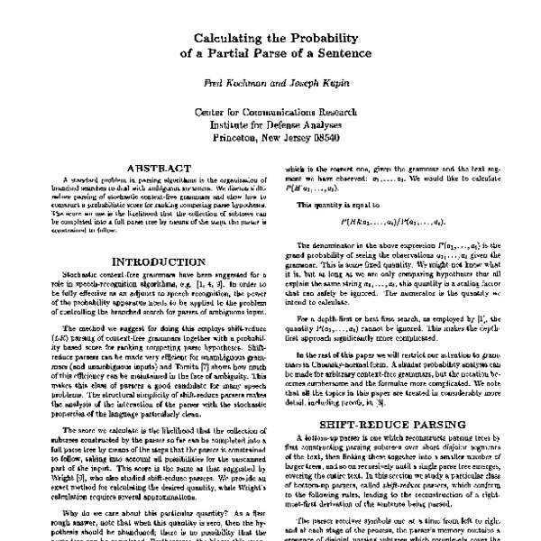 Calculating the Probability of a Partial Parse of a Sentence - ACL ...