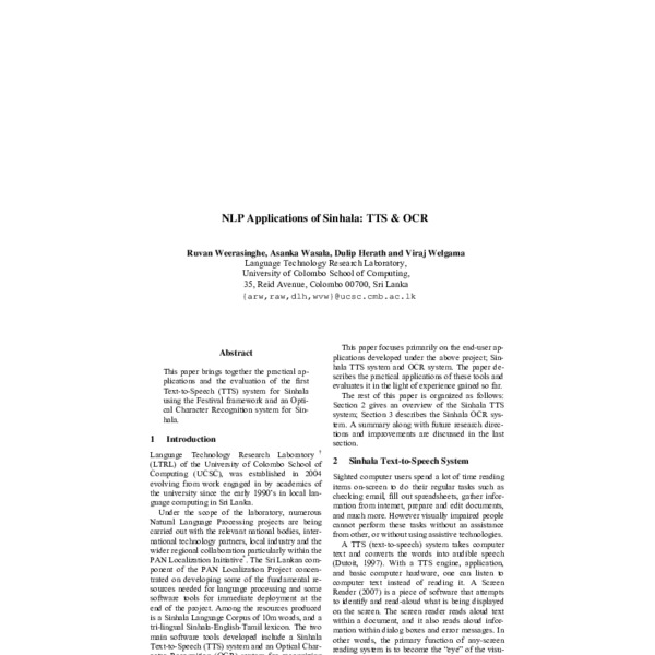 NLP Applications of Sinhala: TTS & OCR - ACL Anthology
