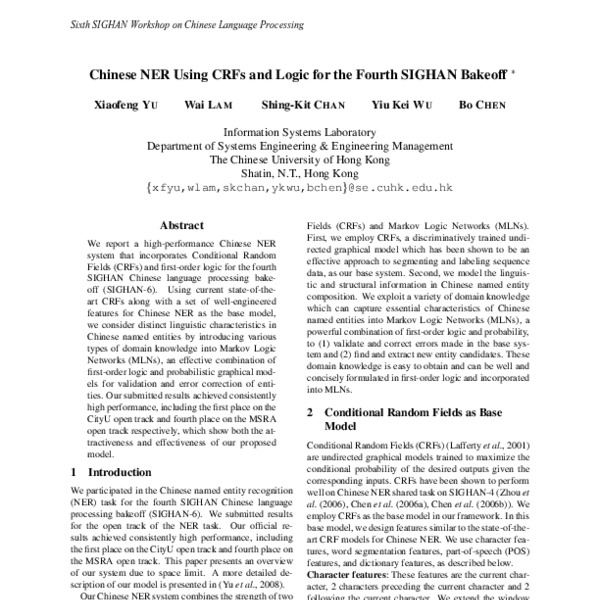 Chinese NER Using CRFs and Logic for the Fourth SIGHAN Bakeoff - ACL ...