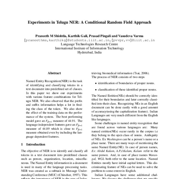 Experiments in Telugu NER: A Conditional Random Field Approach - ACL ...