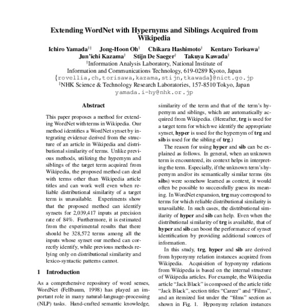 Extending WordNet with Hypernyms and Siblings Acquired from Wikipedia ...