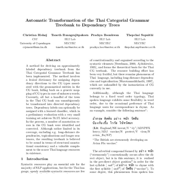 Automatic Transformation Of The Thai Categorial Grammar Treebank To Dependency Trees Acl Anthology
