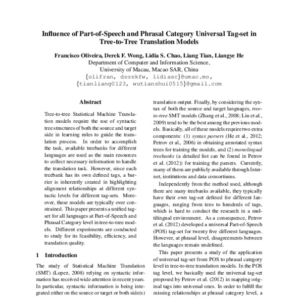 Influence of Part-of-Speech and Phrasal Category Universal Tag-set in ...