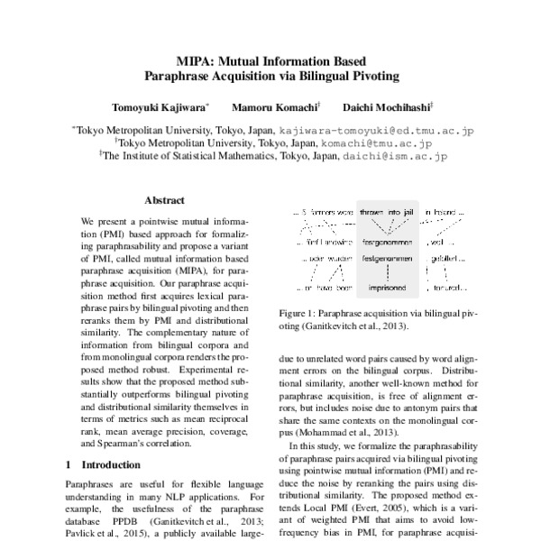 MIPA: Mutual Information Based Paraphrase Acquisition via Bilingual ...