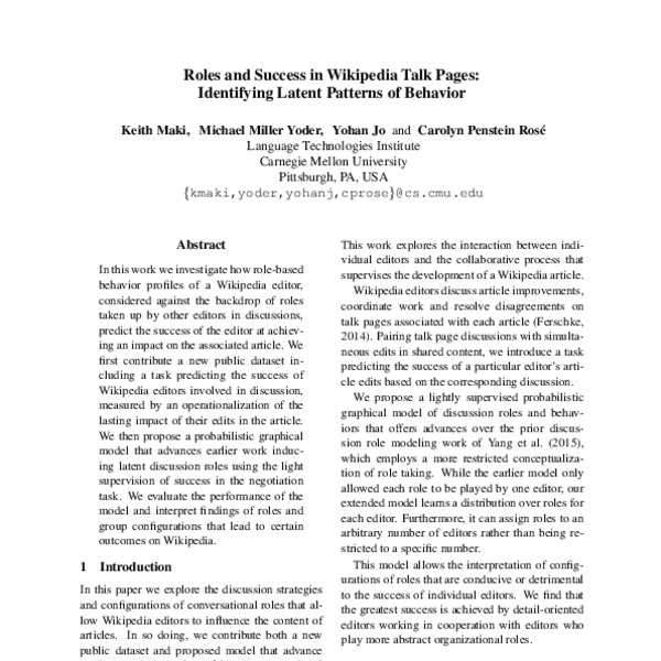 Roles and Success in Wikipedia Talk Pages: Identifying Latent Patterns ...