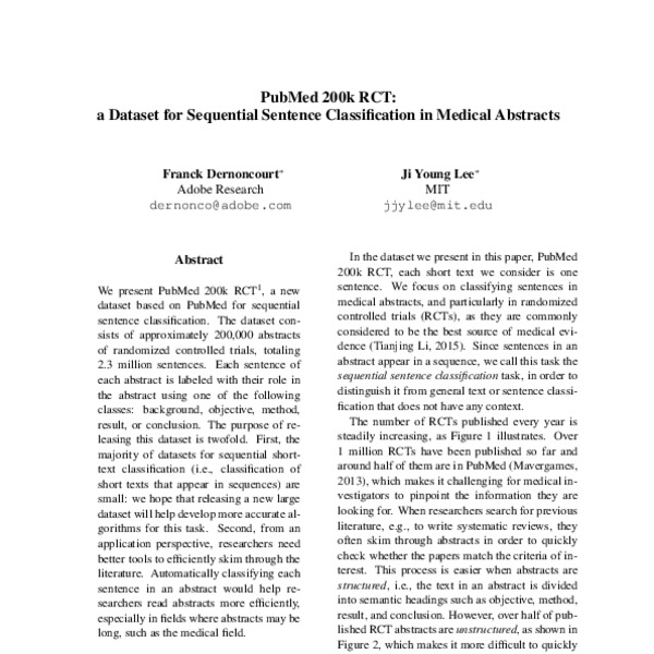 PubMed 200k RCT: a Dataset for Sequential Sentence Classification in ...
