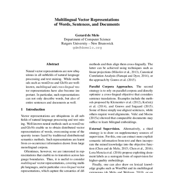 Multilingual Vector Representations of Words, Sentences, and Documents - ACL Anthology