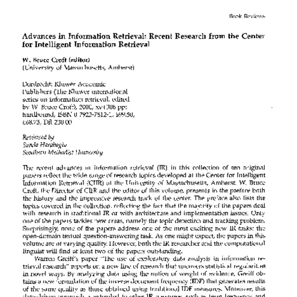 Book Reviews: Advances in Information Retrieval: Recent Research from ...