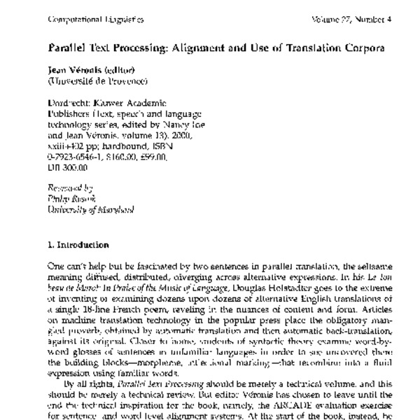 Book Reviews: Parallel Text Processing: Alignment and Use of Translation Corpora - ACL Anthology