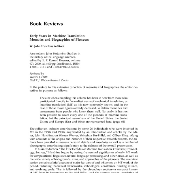 Book Reviews: Early Years in Machine Translation: Memoirs and ...