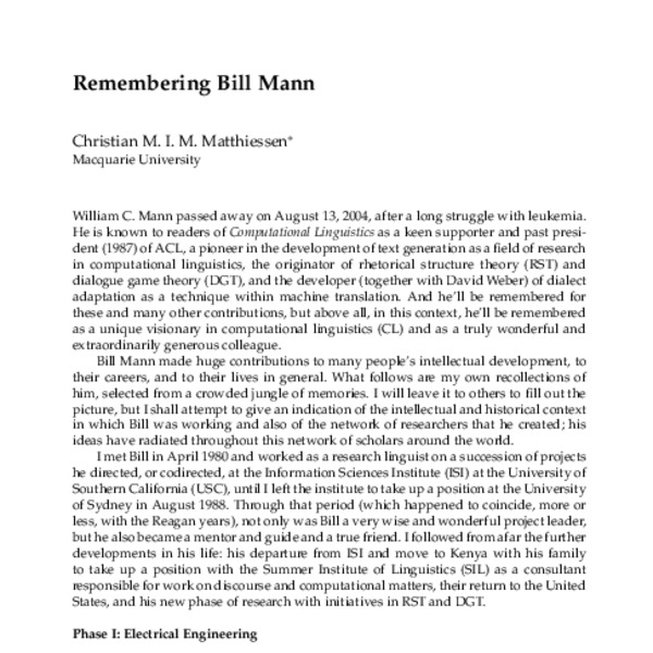 Obituary: Remembering Bill Mann - ACL Anthology